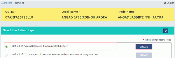 Procedure- GST Refund of Excess Balance in Electronic Cash Ledger