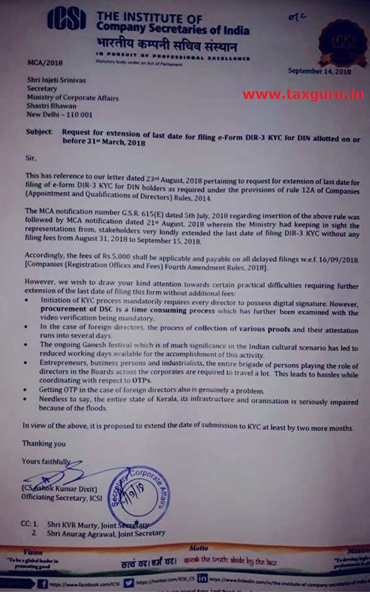 Form DIR-3 KYC- No further extension- ICSI Representation- Din ...