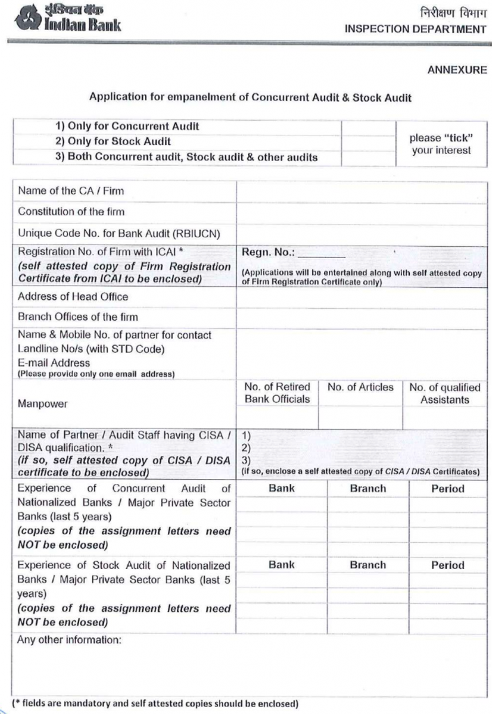 Empanelment with Indian Bank for Concurrent & Stock Audit