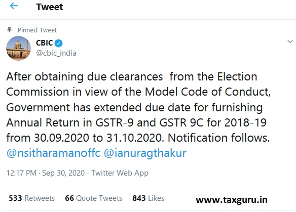 CBIC extends due date of GSTR-9 & GSTR 9C to 31.10.2020 CBIC extends due date of GSTR-9 & GSTR 9C to 31.10.2020