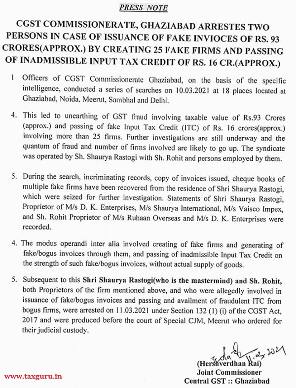 2 Person Arrested in case of fake invoice of Rs. 93 Cr.