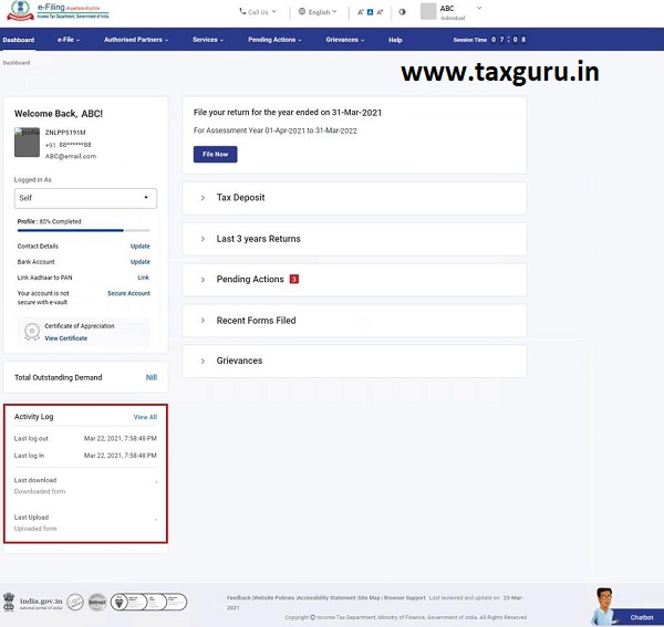 Dashboard and Worklist (Taxpayer) on Income Tax Website
