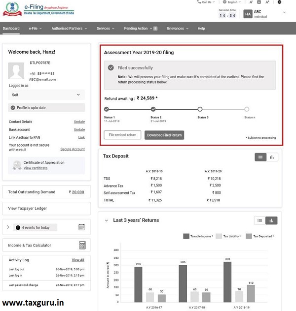 Dashboard and Worklist (Taxpayer) on Income Tax Website
