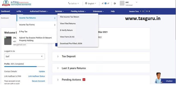 Dashboard and Worklist (Taxpayer) on Income Tax Website