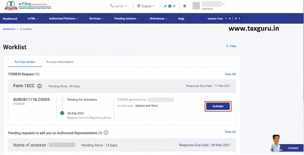 Dashboard and Worklist (Taxpayer) on Income Tax Website
