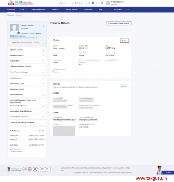 How to update My Profile on Income Tax Website