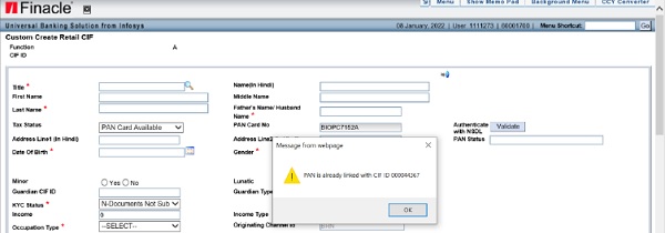 Introduction of online PAN verification functionality in Finacle CBS System