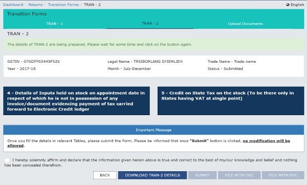 How to file transition Form GST TRAN-2 on GSTN portal