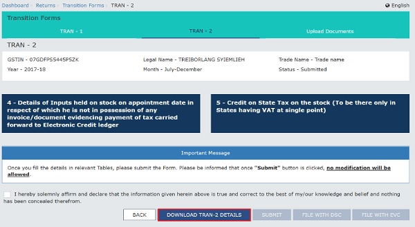 How to file transition Form GST TRAN-2 on GSTN portal