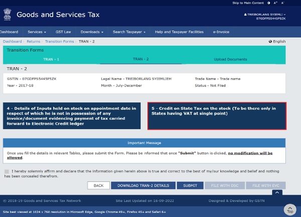 How to file transition Form GST TRAN-2 on GSTN portal