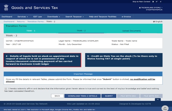 How to file transition Form GST TRAN-2 on GSTN portal