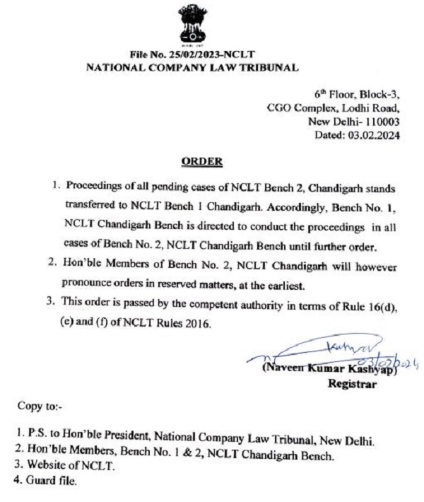 NCLT Chandigarh: Bench 2 Cases Transferred to Bench 1